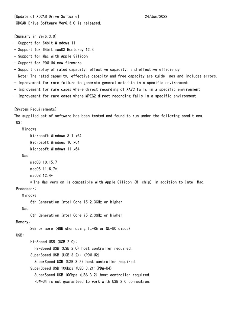 XDCAMDriveSoftware ReleaseNote en 6 3 0 | PDF | Mac Os | Usb