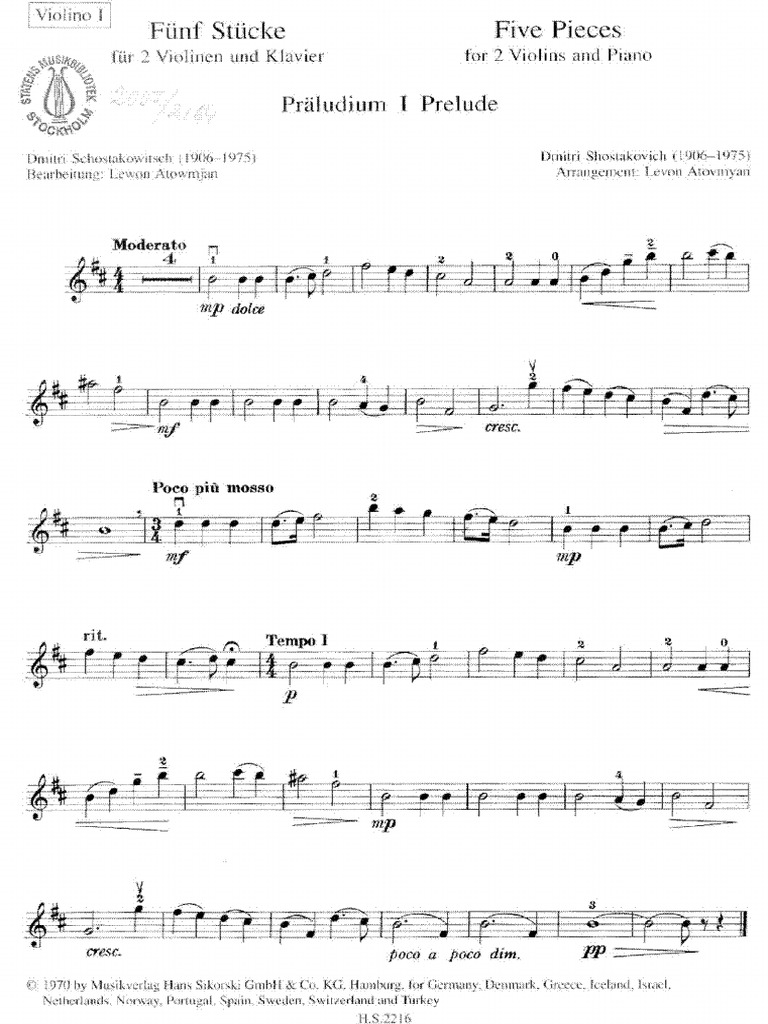 Shostakovich 5 Pieces Violin 1 | PDF