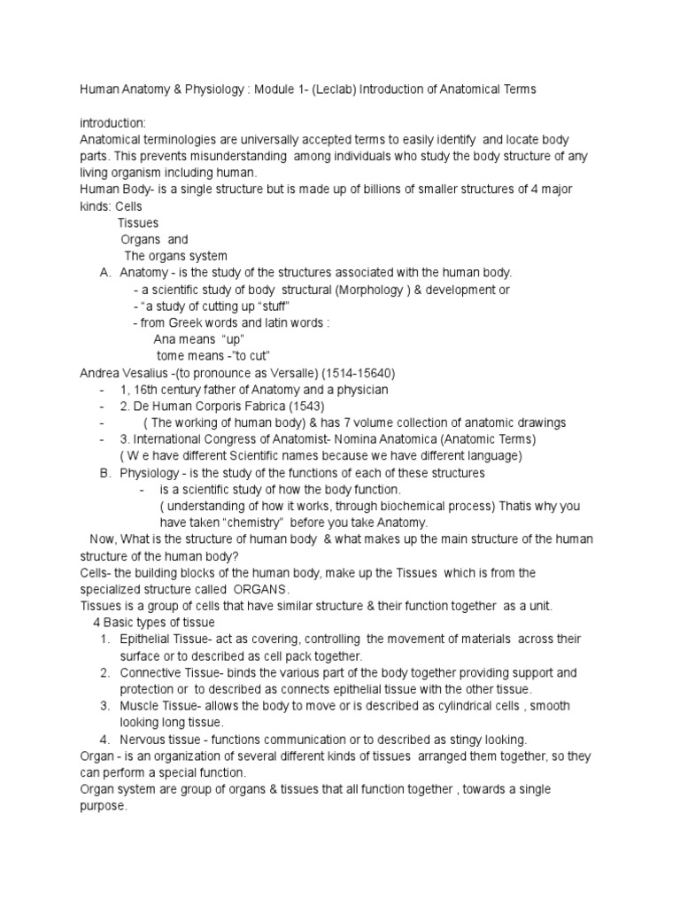 Human Anatomy Physiology Module 1 Leclab Introduction of Anatomical ...