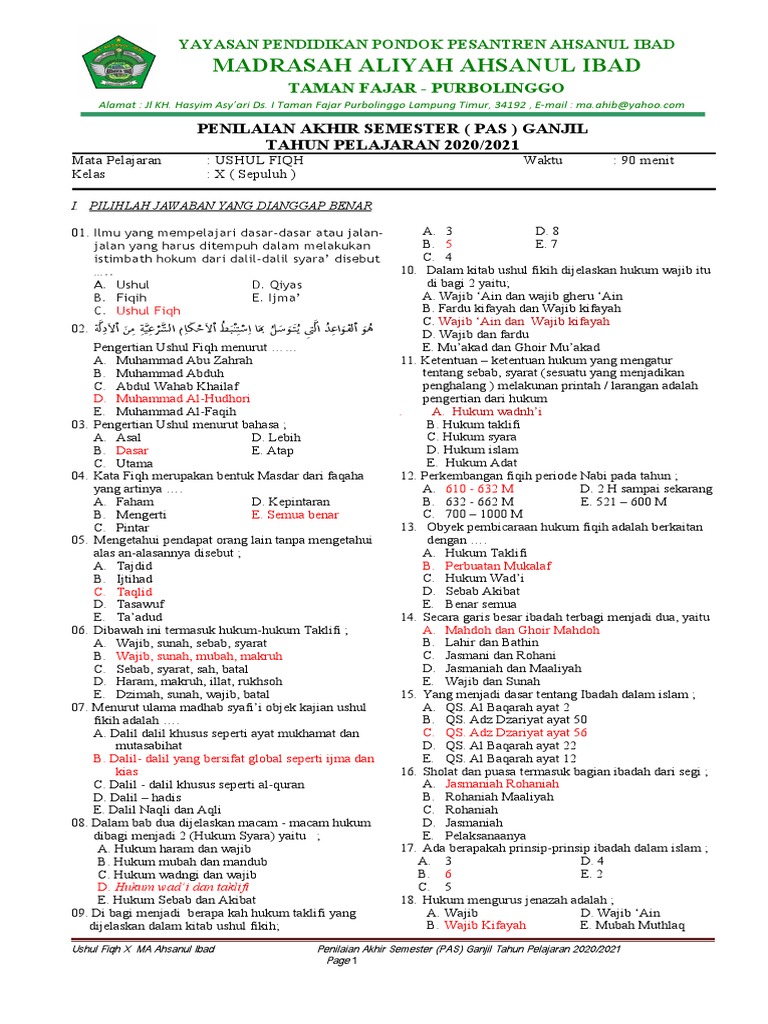 Soal Pas Ganjil Ushul Fiqh X 20-21 | PDF