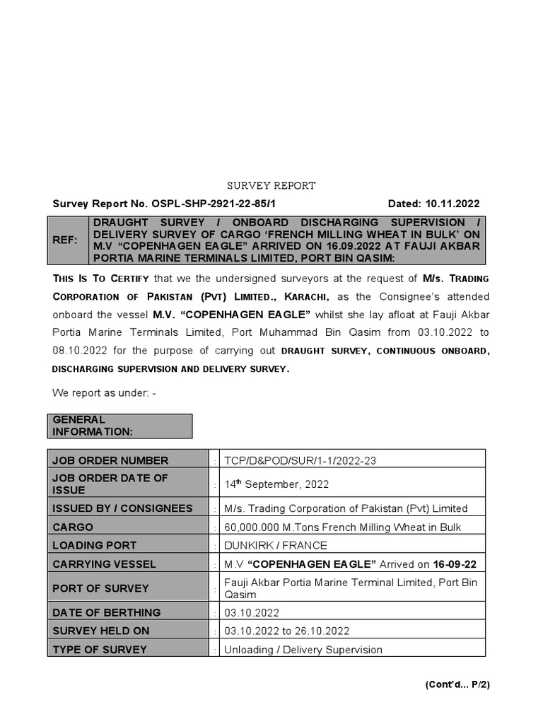 Survey Report Summary | PDF | Tonnage | Cargo