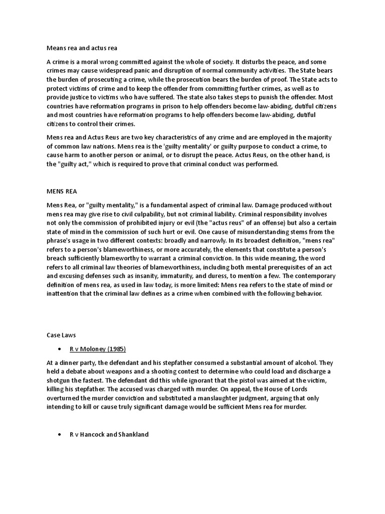 Means Rea and Actus Rea | PDF | Mens Rea | Criminal Law