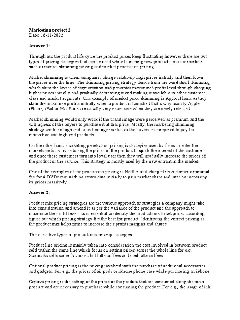 Marketing Project | PDF | Pricing | Prices