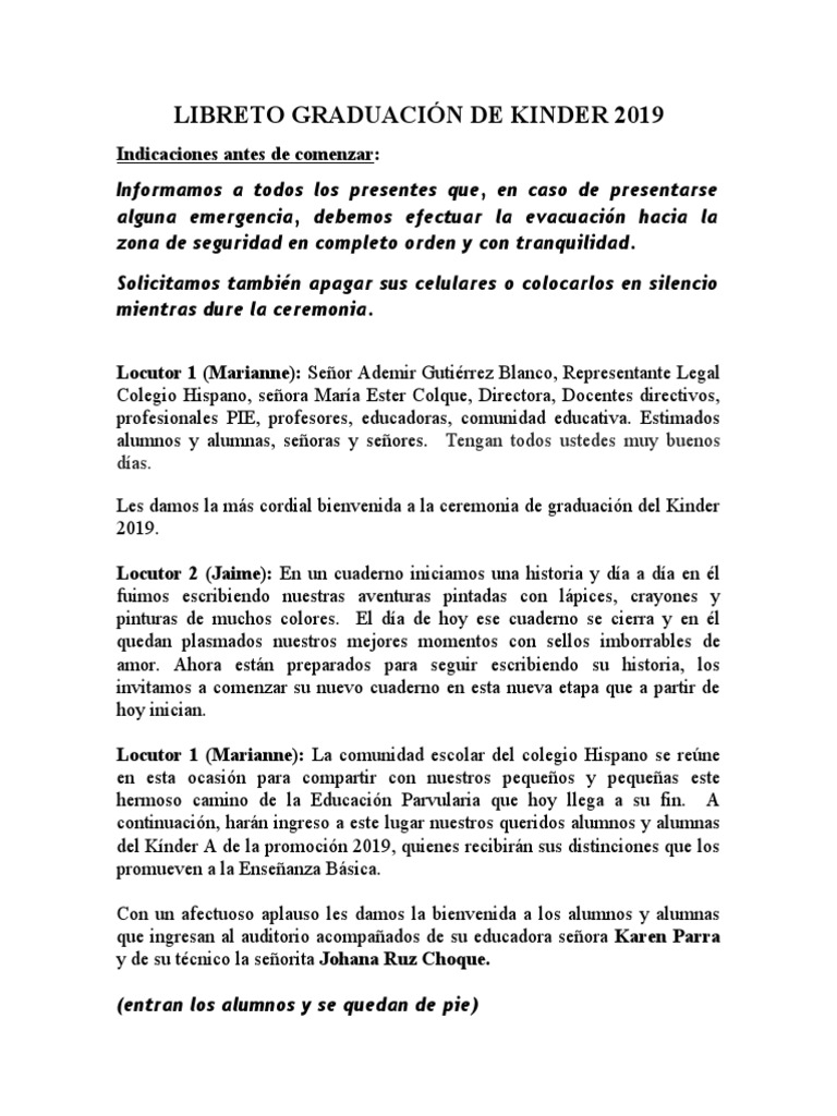 LIBRETO GRADUACIÓN DE KINDER 2019 - Revisado Final | PDF | Educación de ...