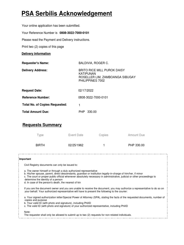 PSA Serbilis Acknowledgement: Requests Summary | PDF | Banking ...