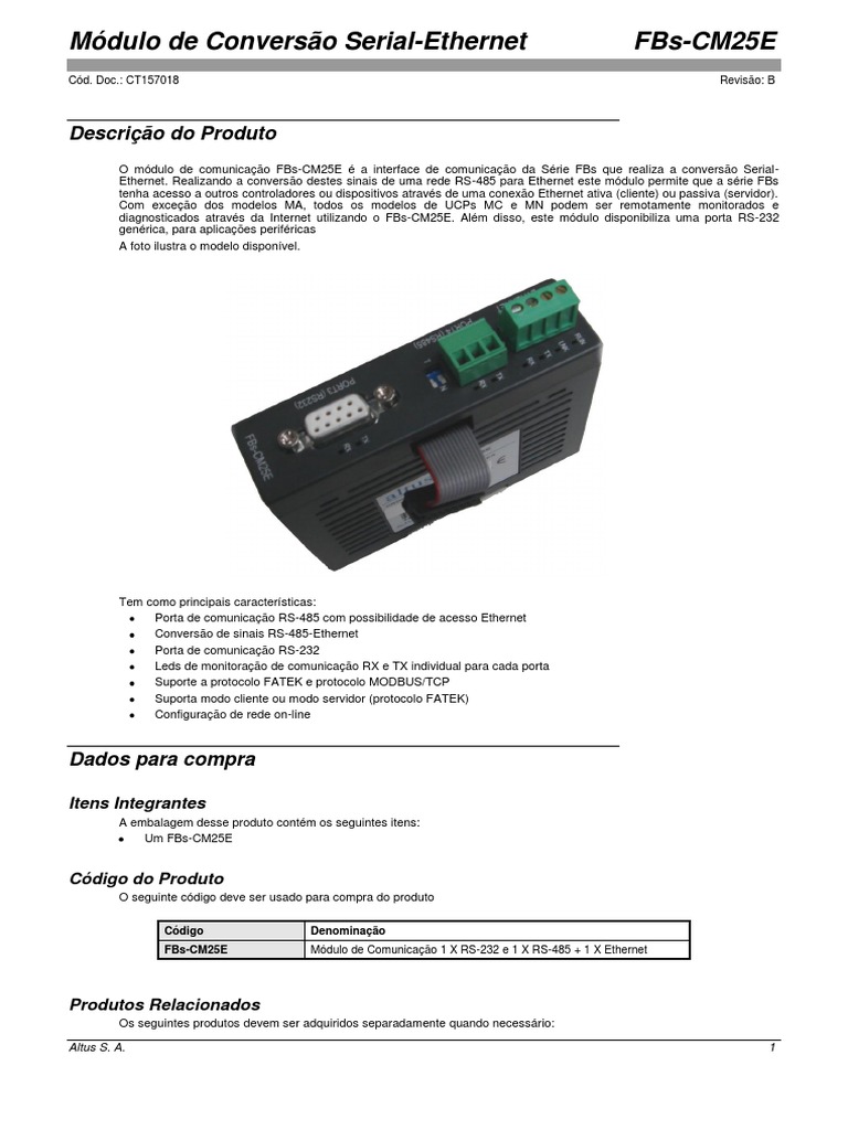 Boards Conversão Serial-Ethernet FBs-CM25E | PDF | Rede de computadores | Porta (rede de ...