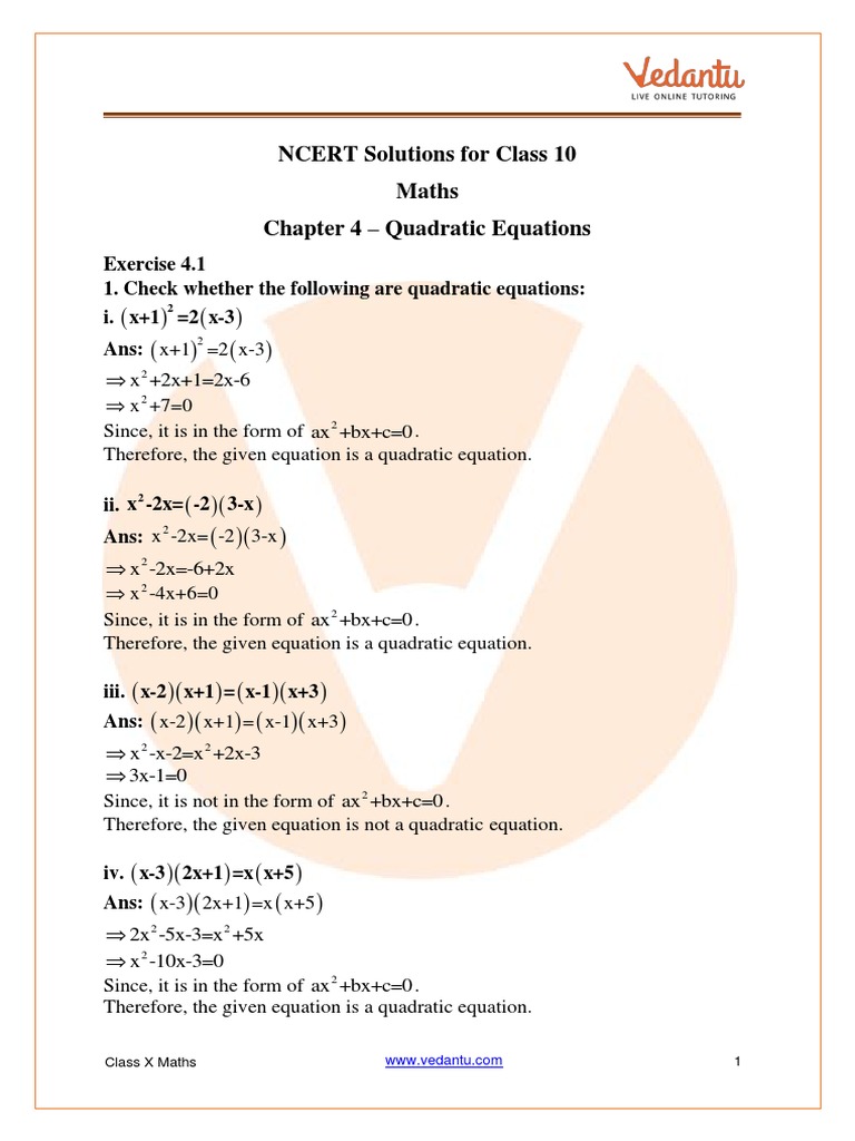 Class 10 - Maths - Quadratic Equations | PDF | Mathematics | Elementary ...