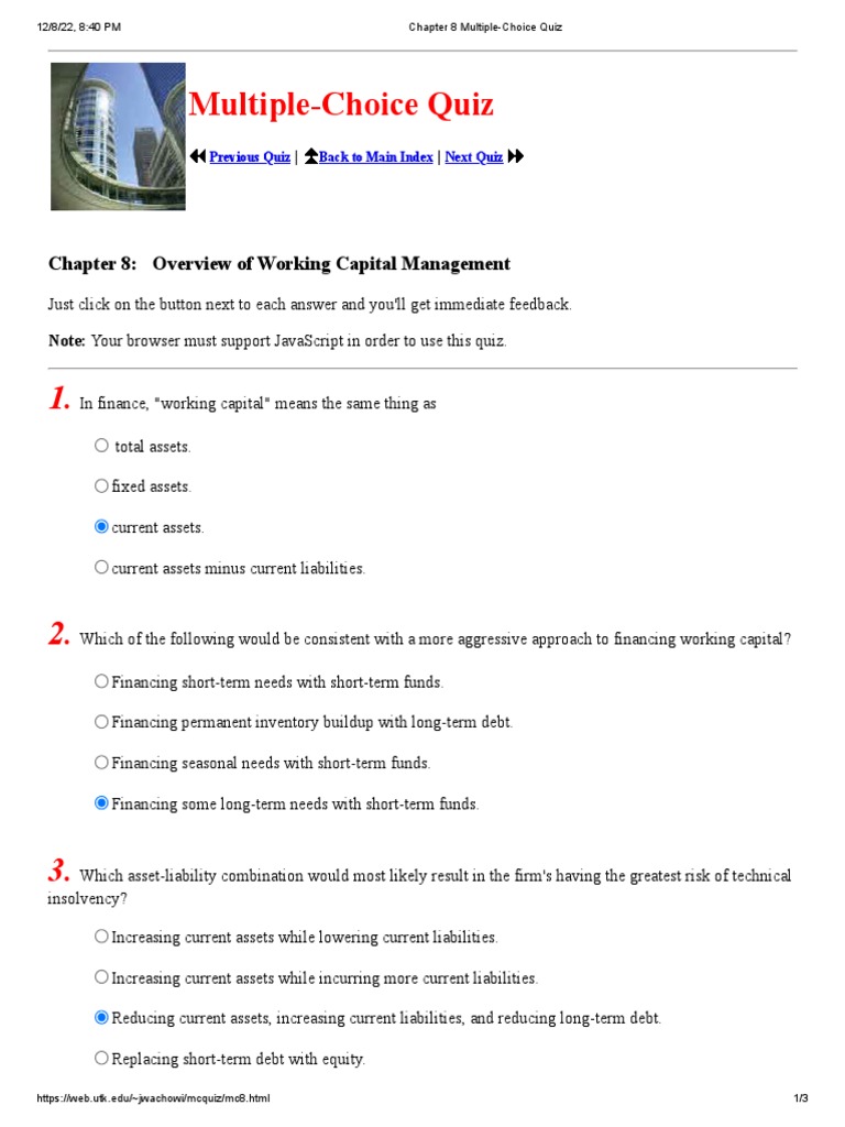 Chapter 8 Multiple-Choice Quiz (3rd) | PDF | Working Capital | Equity (Finance)