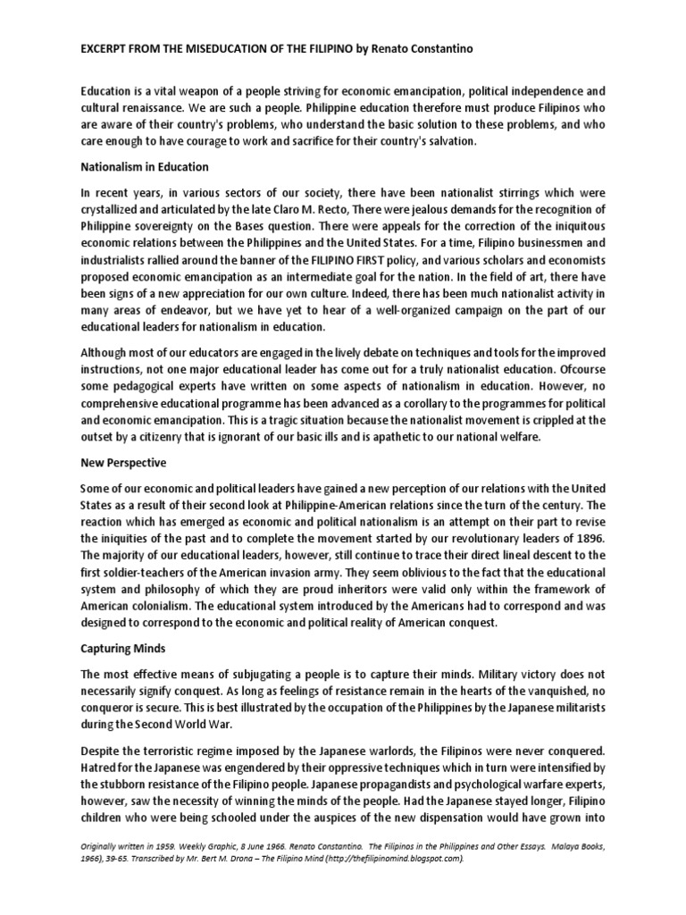 The Miseducation of The Filipino Prof. Renato Constantino | PDF ...