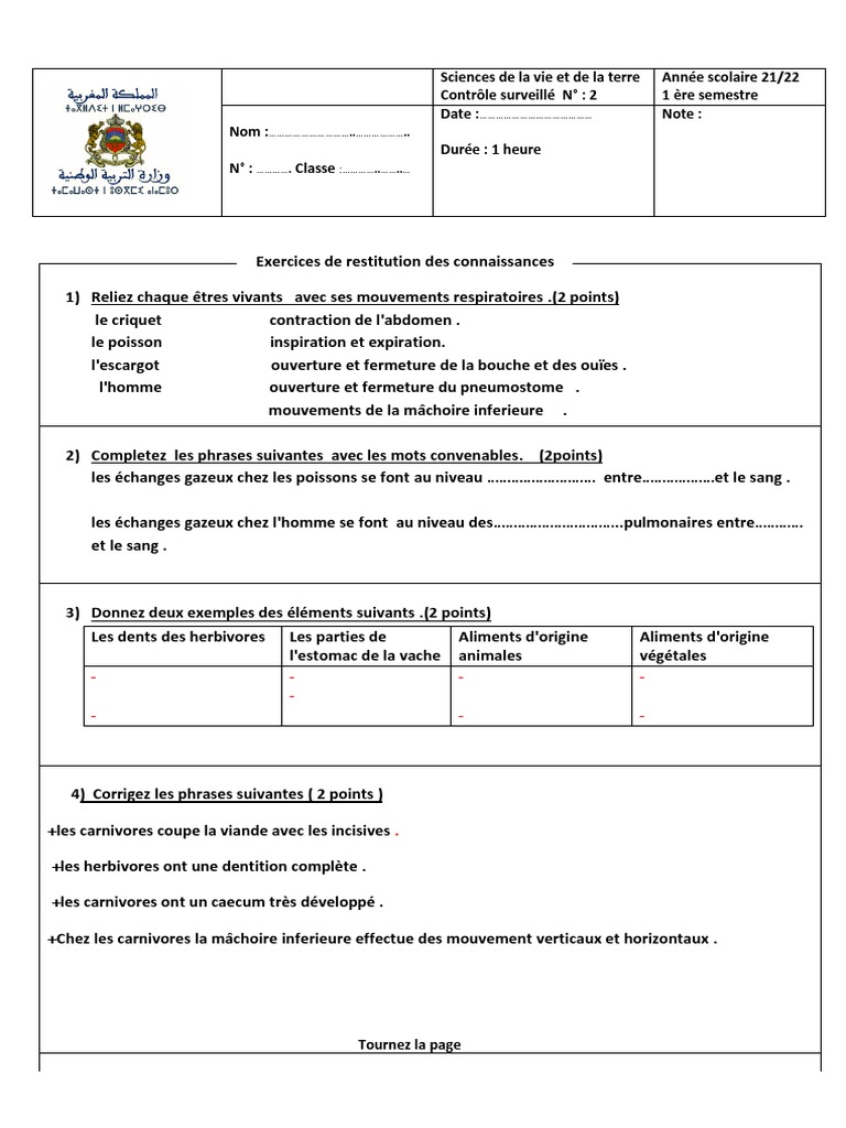 Contrôle SVT 1AC Semestre 1 | PDF | Méthodes et références pédagogiques ...