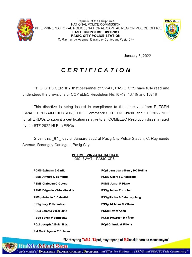 Certification from Pasig Police Station | PDF