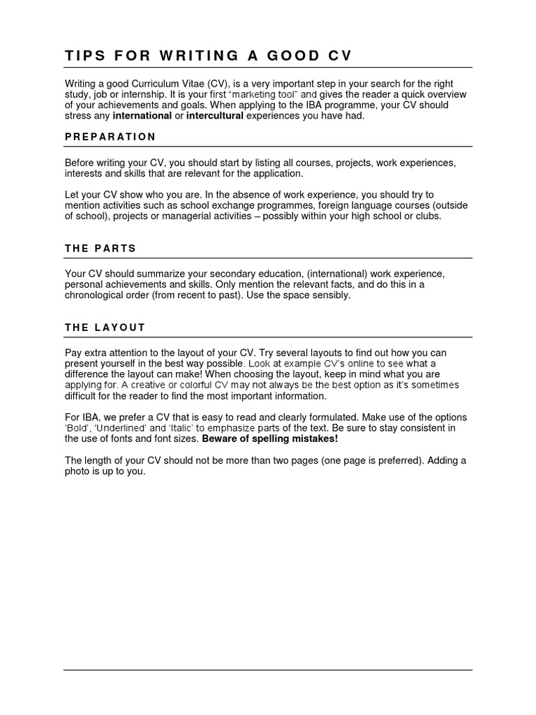 Tips for Writing a Strong CV | PDF | Internship | Job Hunting