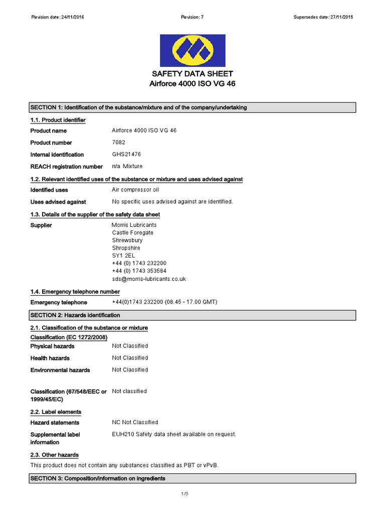 Safety Data Sheet Airforce 4000 ISO VG 46: Revision Date: 24/11/2016 Revision: 7 Supersedes Date ...