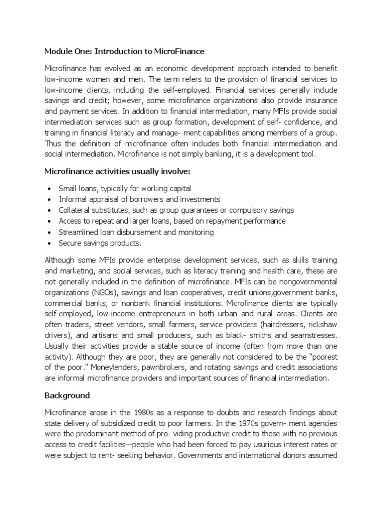 Module One Introduction To Microfinance | PDF | Microfinance | Banks