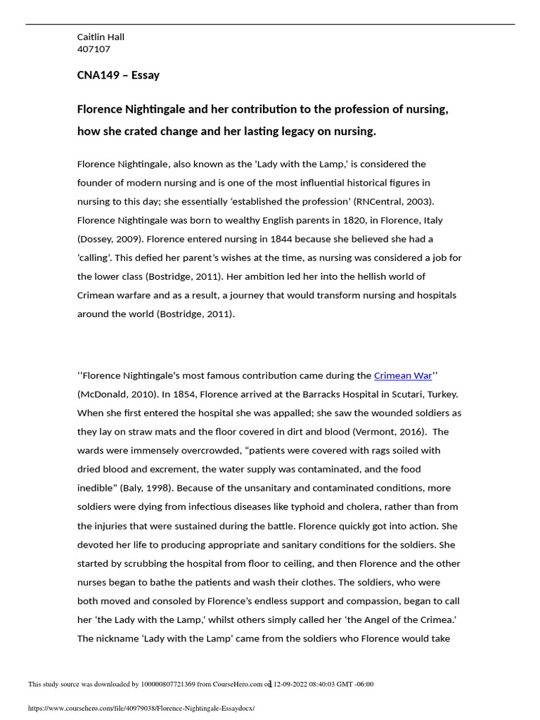 Florence Nightingale Essay | PDF | Nursing | Florence Nightingale