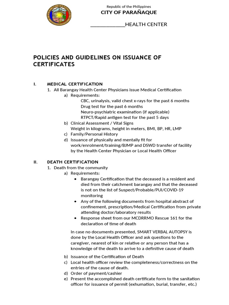 Unified - POLICIES AND GUIDELINES ON ISSUANCE OF CERTIFICATES ...