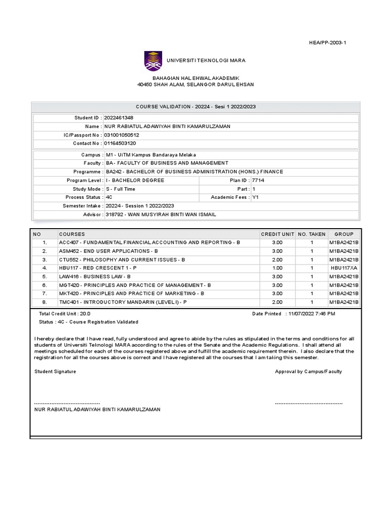 Course Validation Slip Uitm - Final | PDF