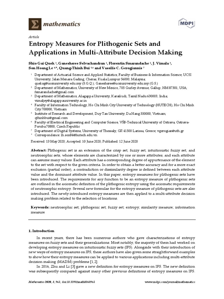 Entropy Measures For Plithogenic Sets and Applications in Multi-Attribute Decision Making | PDF ...