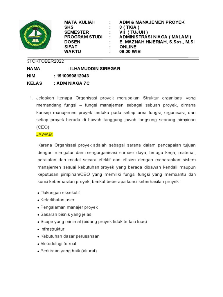 Jawaban Uts Manajemen Proyek | PDF