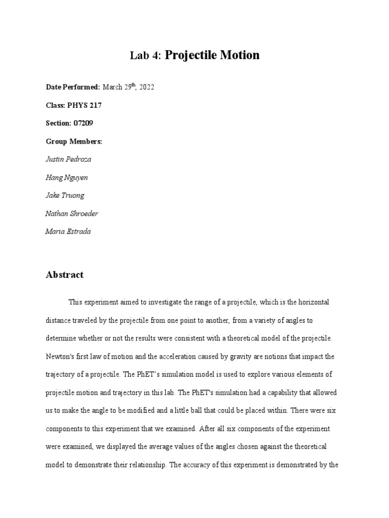 Physics Lab Report 4 Projectile Motion | PDF | Projectiles | Metrology