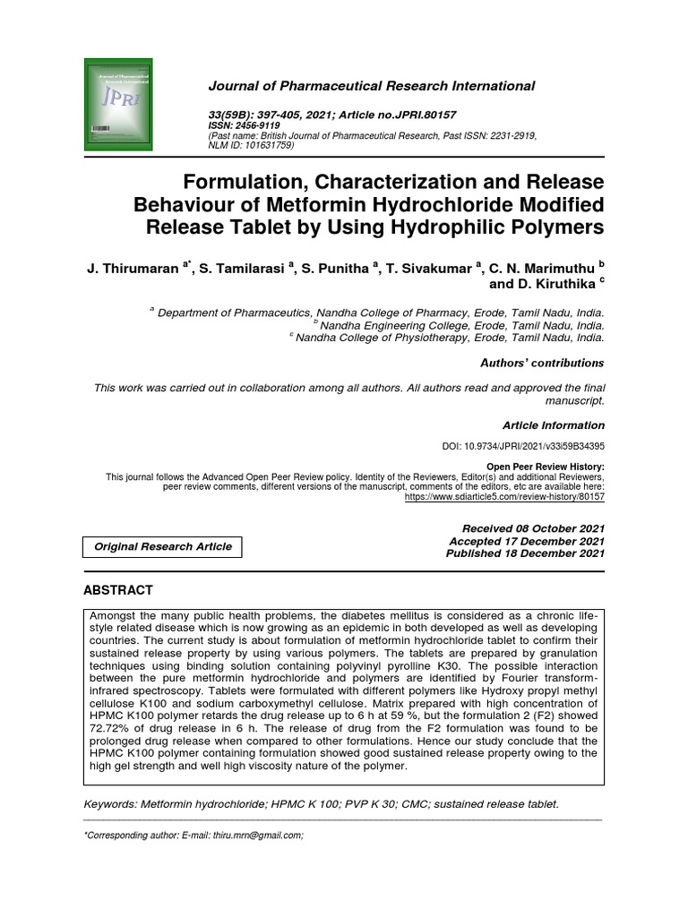 Formulation, Characterization and Release Behaviour of Metformin ...