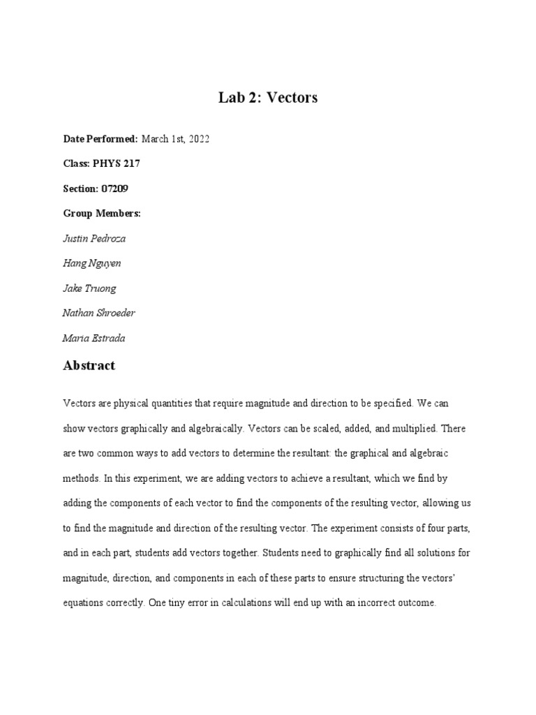 Physics: Vector Addition Lab Report | PDF | Euclidean Vector | Angle