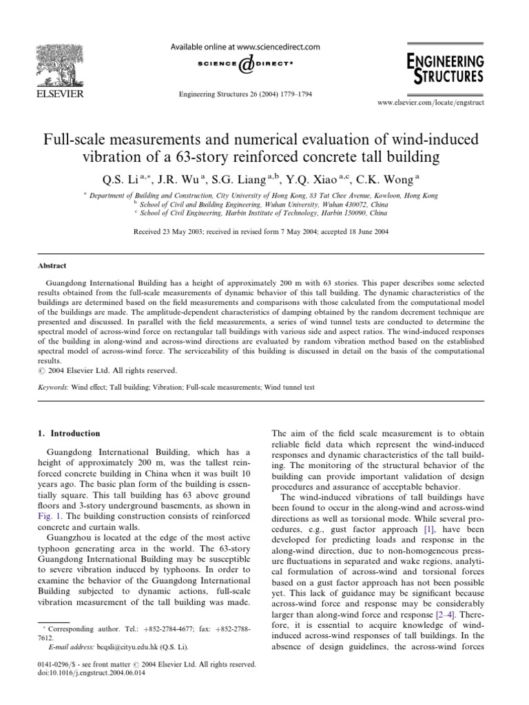 Full Scale Measurements And Numerical Evaluation Of Wind Induced Vibration Of A 63 Story Rc Tall