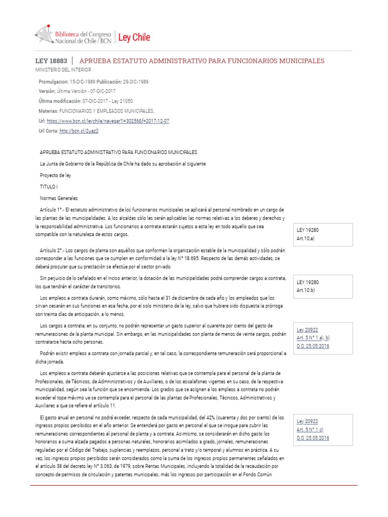Ley-18883 29-DIC-1989 MINISTERIO DEL INTERIOR | PDF | Servicio Civil ...