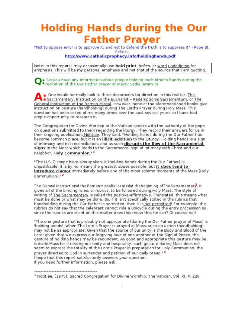 Holding Hands and Orans Position During The Our Father | PDF | Mass ...