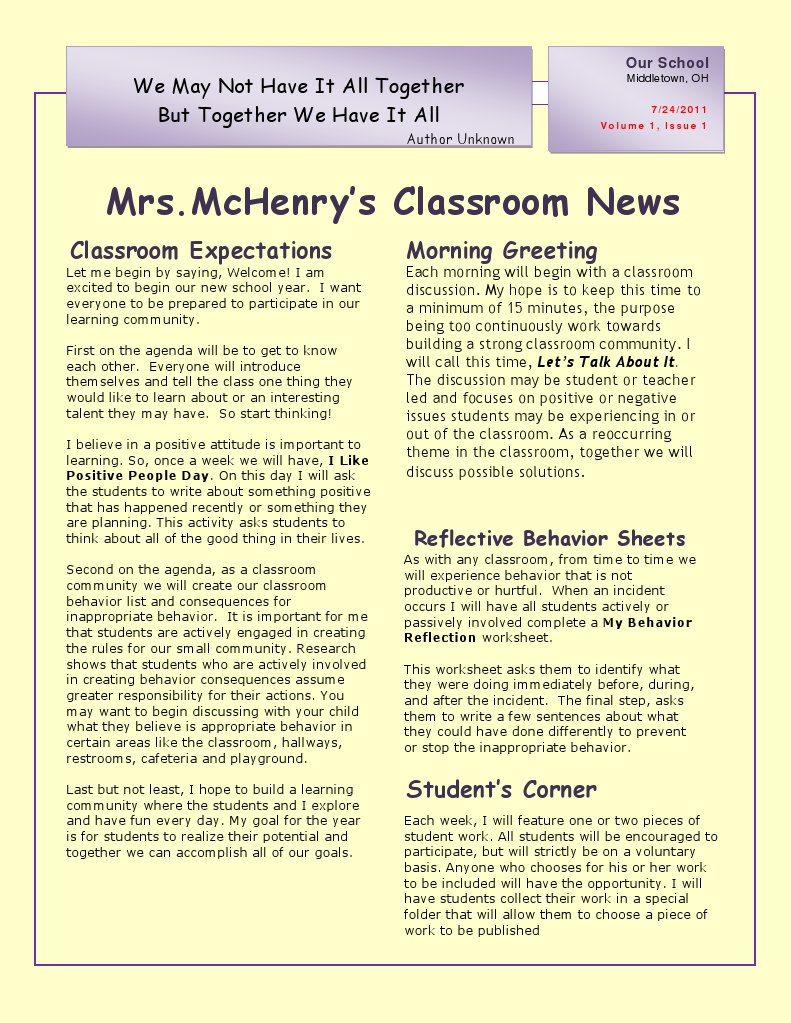 Mrs. McHenry's Classroom Newsletter | PDF | Classroom Management ...