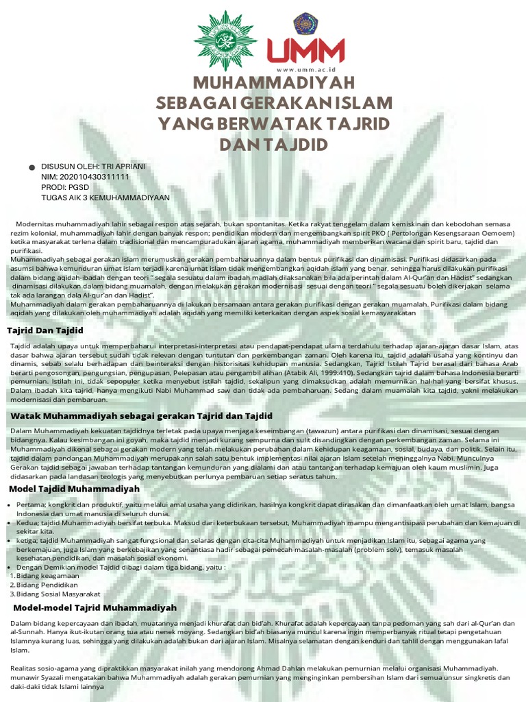 Muhammadiyah Sebagai Gerakan Islam Yang Berwatak Tajrid Dan Tajdid | PDF