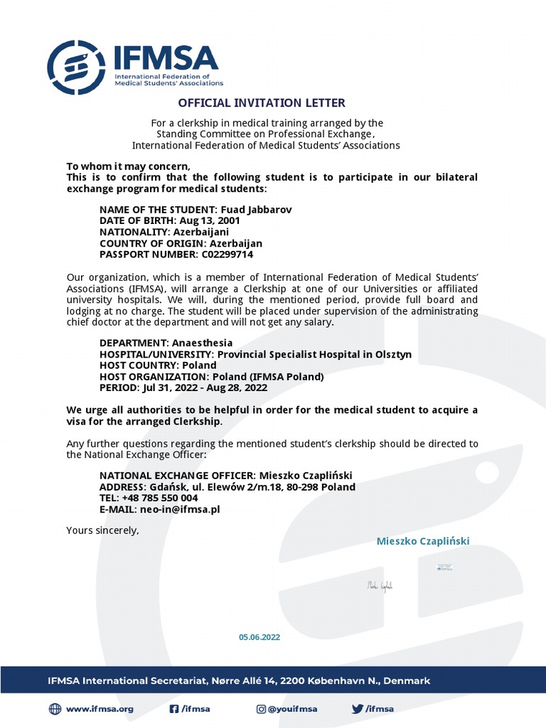 Invitation for a Medical Clerkship in Poland: Confirmation of Placement ...