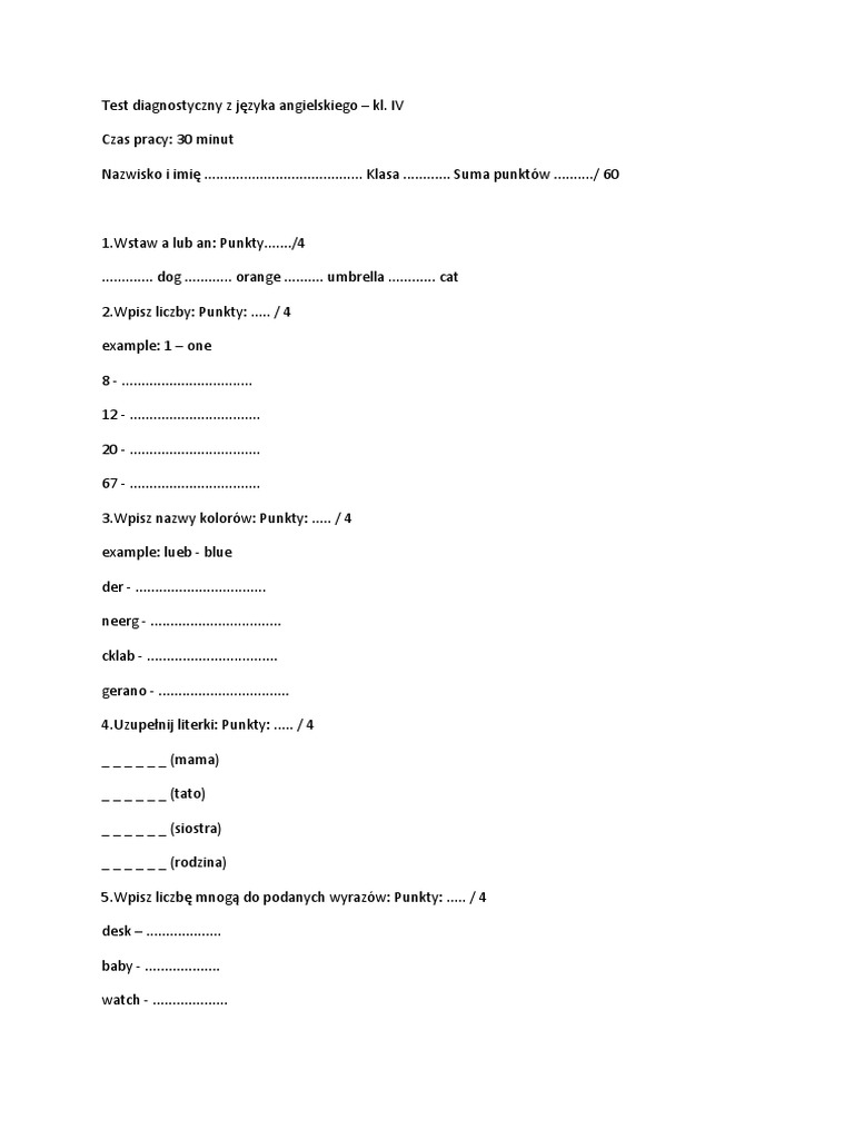 Test Diagnostyczny Z Języka Angielskiego - 4 Klasa | PDF