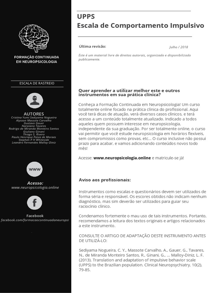 UPPS-escala de Comportamento Impulsivo | PDF | Neuropsicologia ...