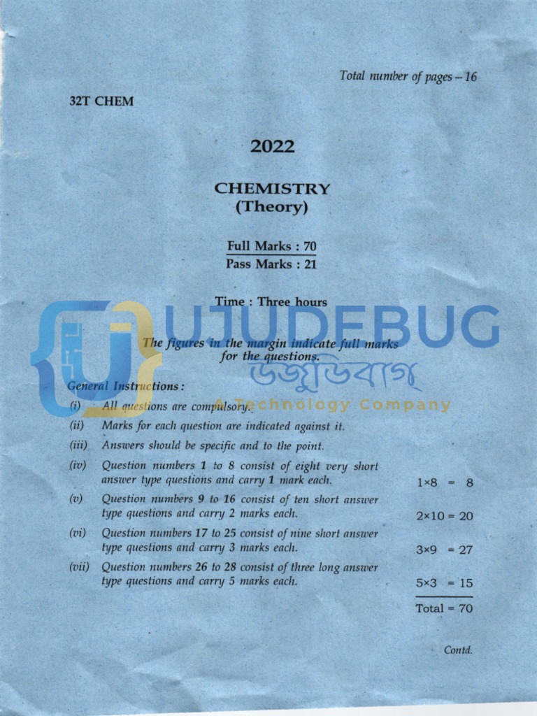 CHEMISTRY Question Paper 2022 | PDF | Chemical Reactions | Ph