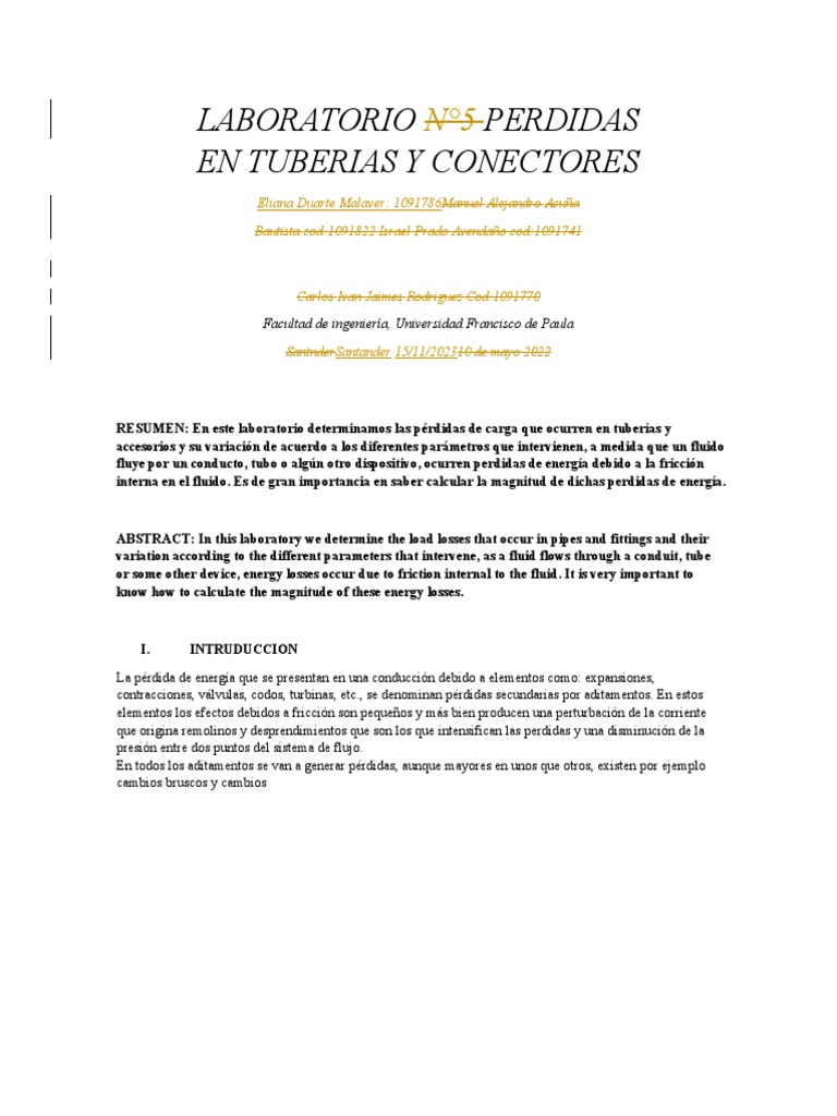 Lab5-Perdida en Tuberías y Conectores | PDF | Descarga (hidrología ...