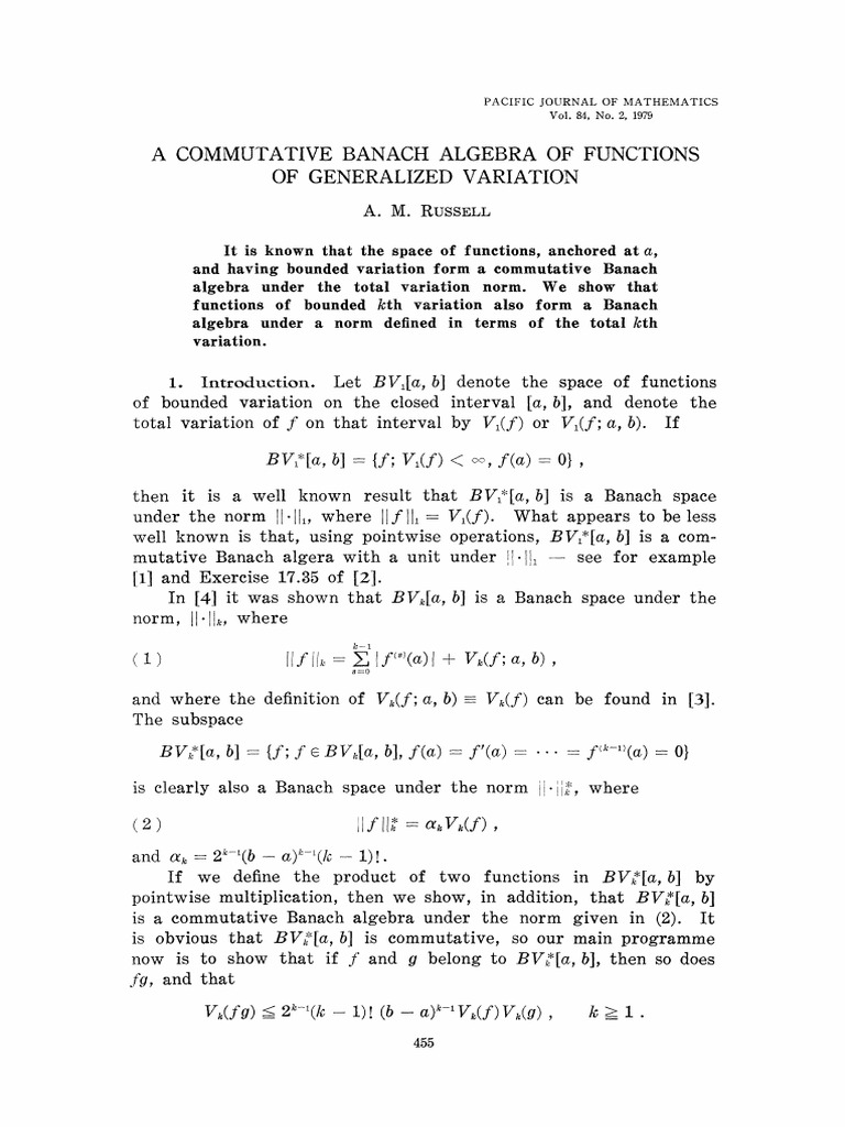 A Commutative Banach Algebra of Functions of Generalized Variation | PDF | Banach Space ...