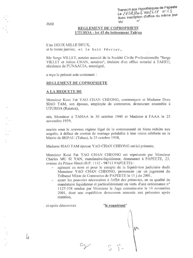 Règlement de Copropriété Uturoa - Lot 43 Lotissement Tahina | PDF