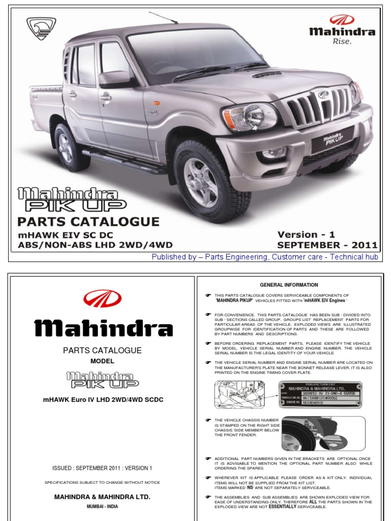 Mahindra Pik Up SC DC LHD Abs Non Abs Mhawk Eiv 2wd 4wd Version 1 Sep ...