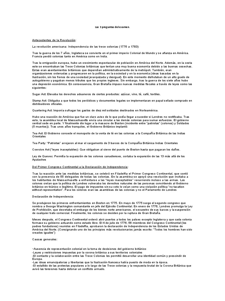 Las 3 Preguntas Del Examen | PDF | Trece colonias | Declaración de independencia de los Estados ...