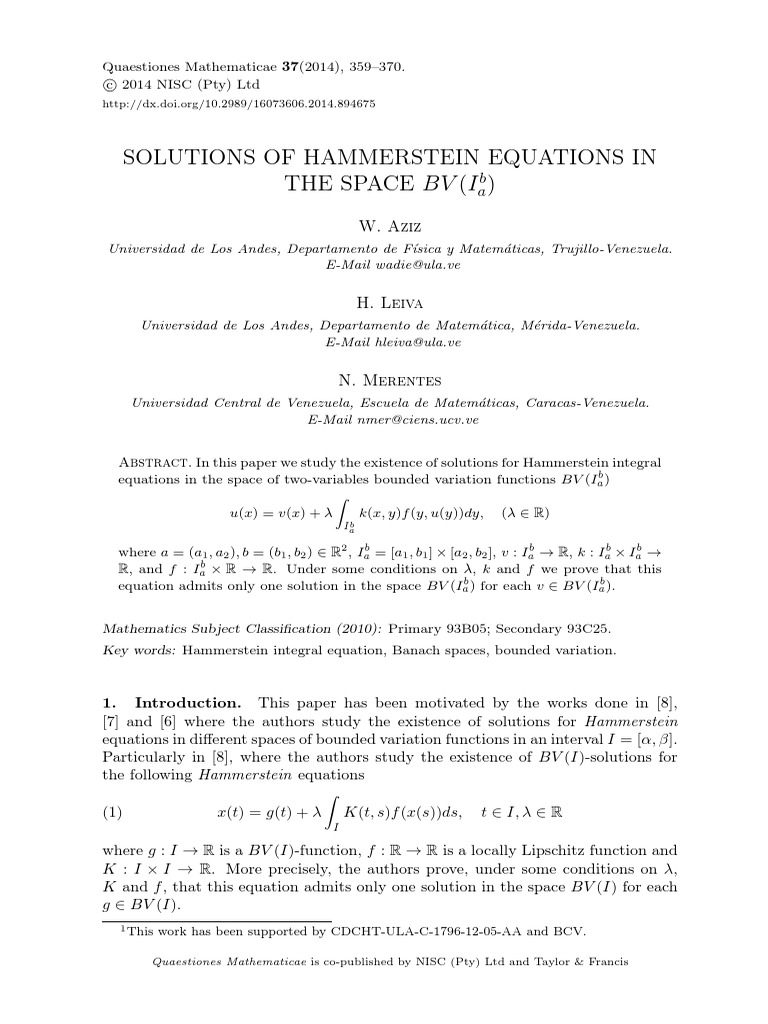Solutions of Hammerstein Equations in The Space BV (I) | PDF | Banach ...
