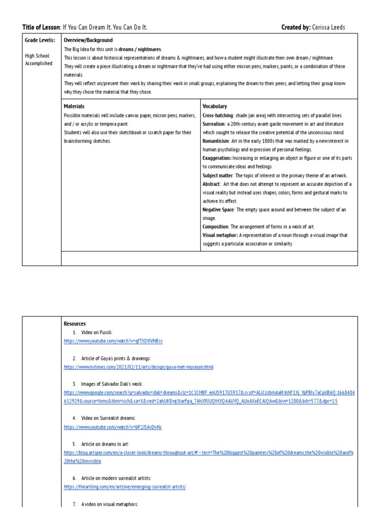 Lesson Plan 2 2 | PDF | Dream | Learning