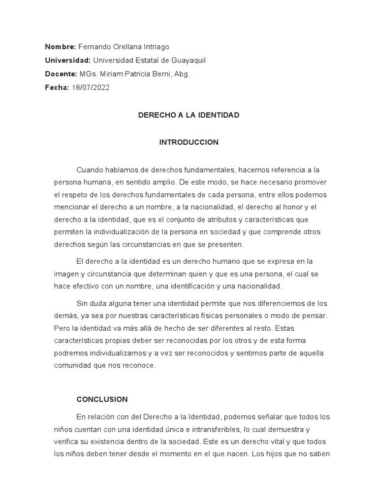 Ensayo Derecho A La Identidad | PDF