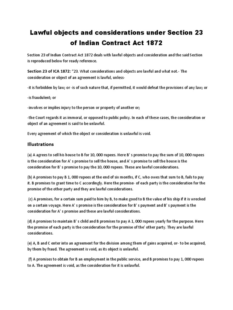Lawful Objects and Considerations Under Section 23 of Indian Contract Act 1872 | Download Free ...