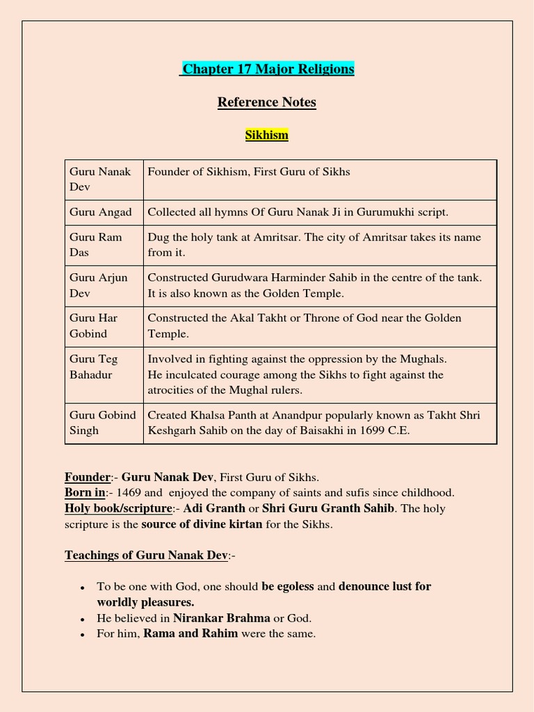 Chapter 17 Major Religions Reference Notes: Sikhism | PDF | Guru Granth ...