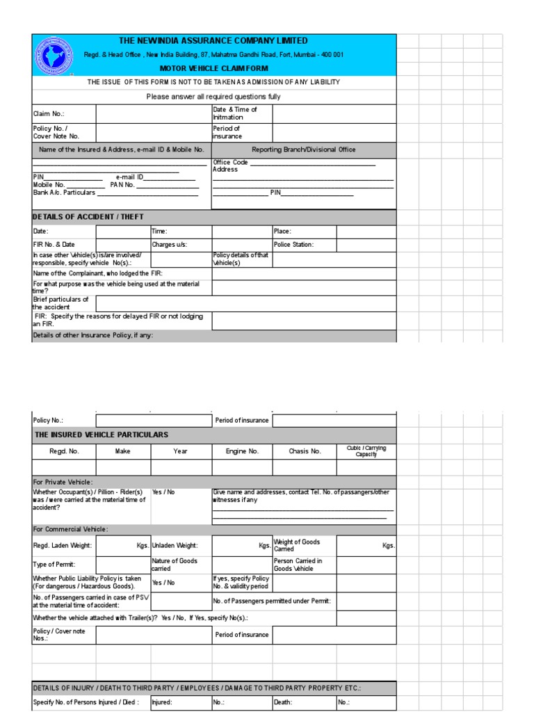 Claim Form 090307 Motor | Download Free PDF | Driver's License | Insurance