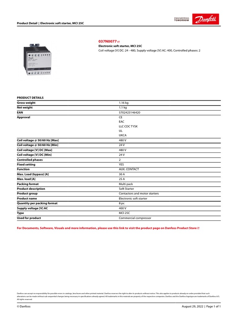 Danfoss-Electronic-soft-starter-MCI-25C - Specs Sheet - 037N0077 | PDF ...