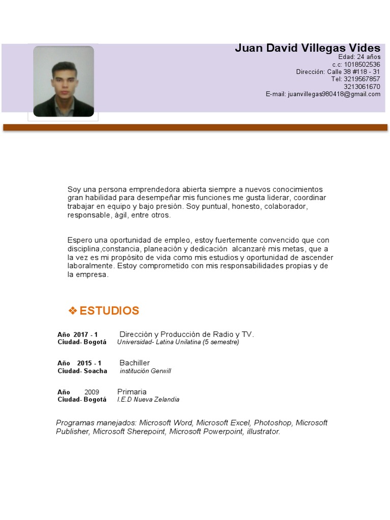 JDVV Hoja de Vida Juan David Villegas | PDF | Business | Software