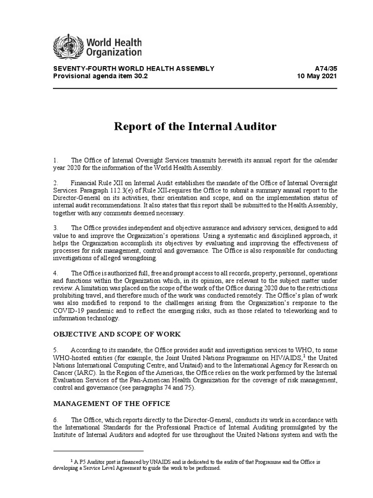 Report of The Internal Auditor: Seventy-Fourth World Health Assembly ...