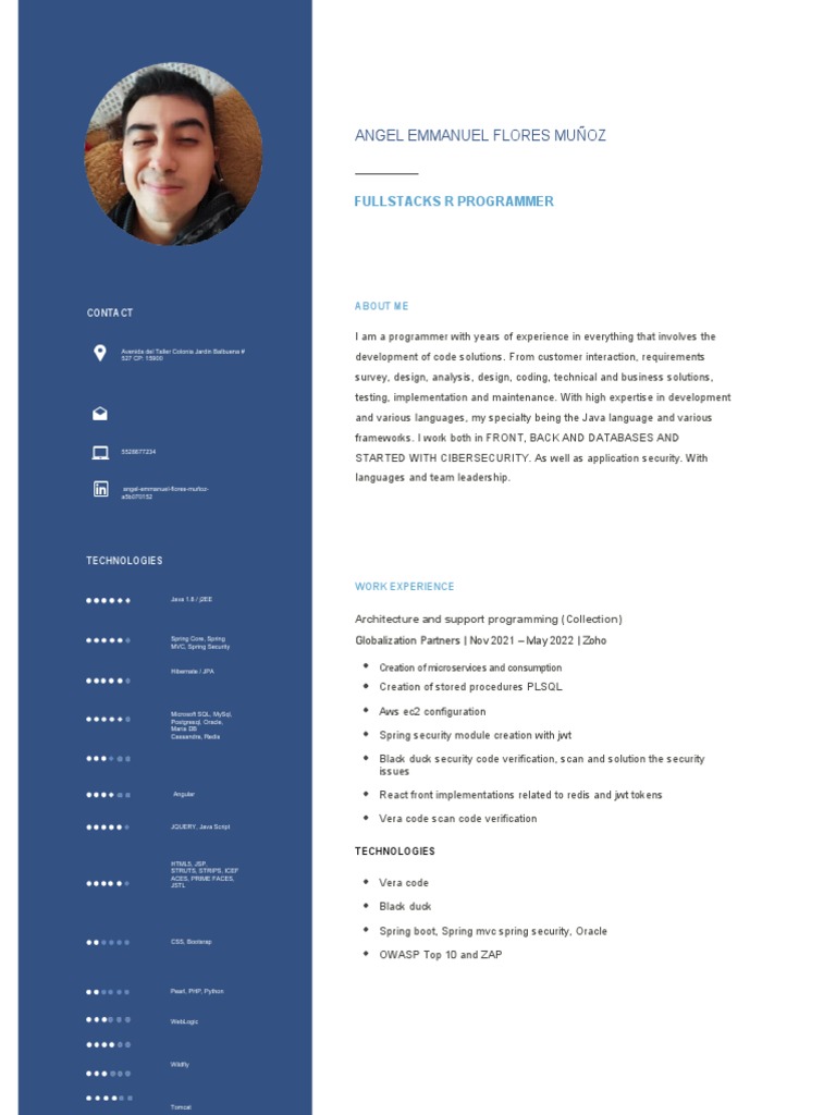 Fullstack Developer Profile: E. Muñoz | PDF | Spring Framework | Java (Programming Language)